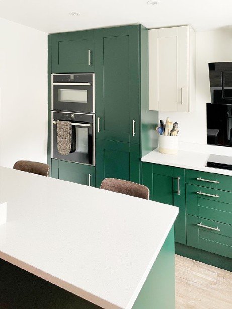 Sheraton fitted Kitchen with Green and Limestone colour combination
