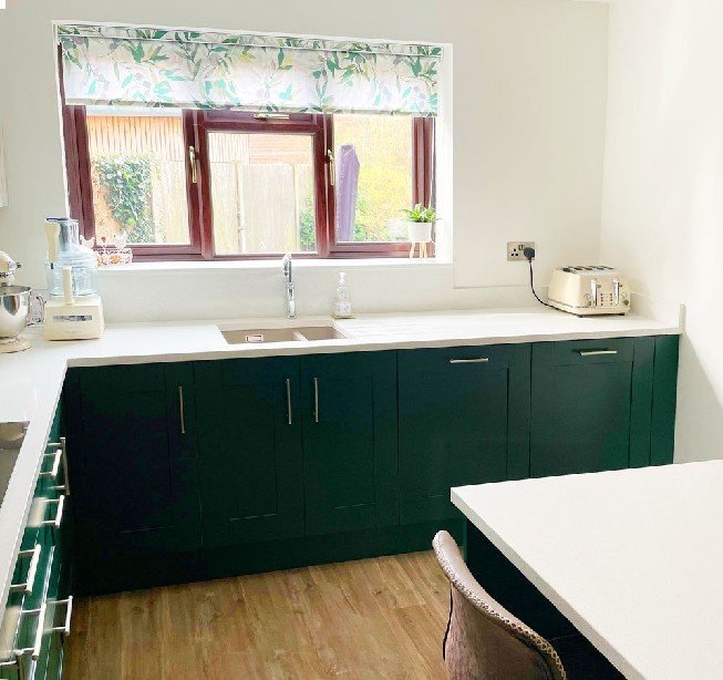 Sheraton fitted Kitchen with Green and Limestone colour combination